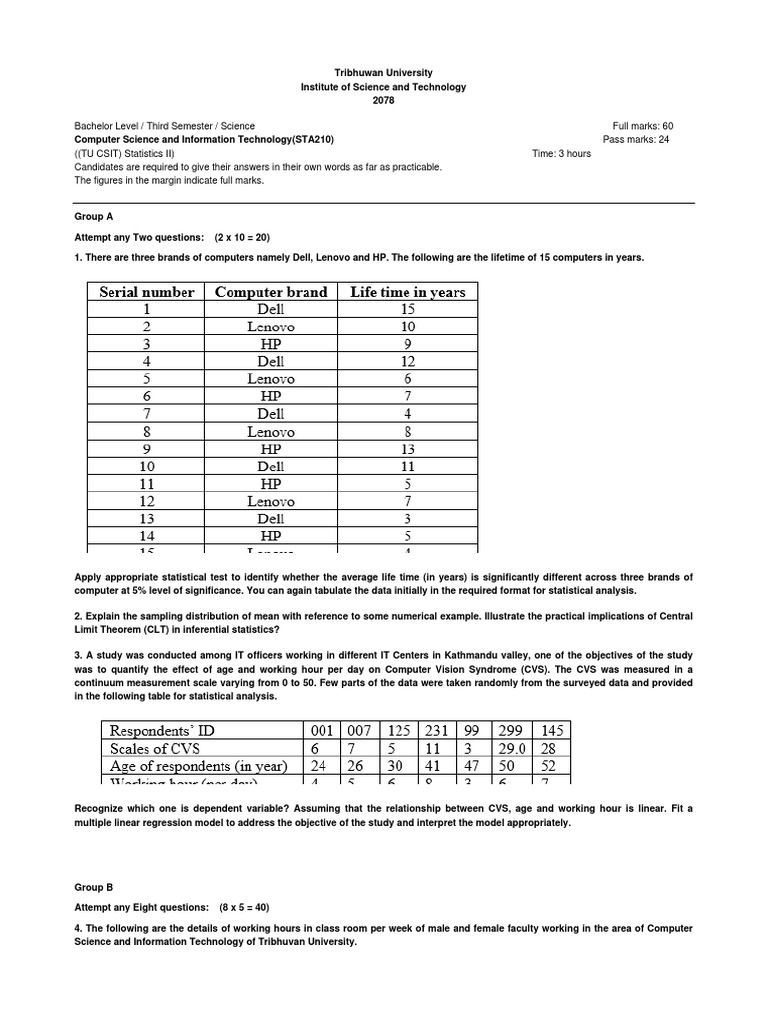CSIT Mathematics II 2078 Question Paper | PDF | Statistical Significance | Statistics