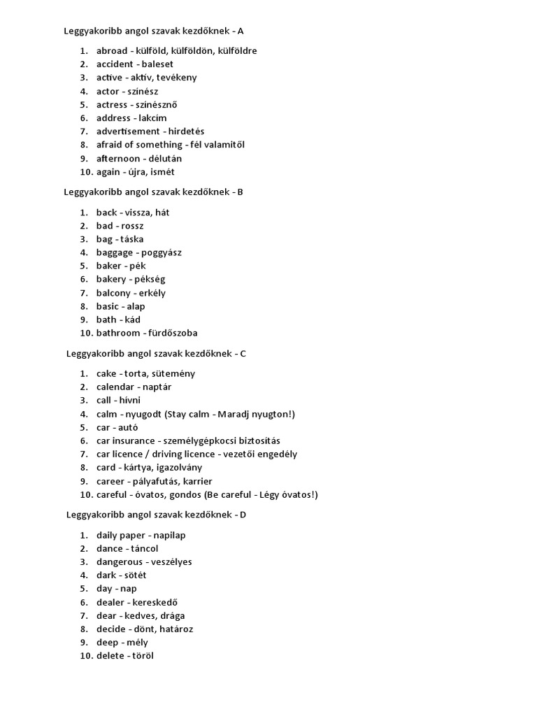 A Leggyakoribb Angol Szavak Kezdőknek 1 | PDF