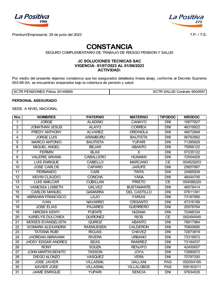 Constancia SCTR Julio JC Soluciones One | PDF