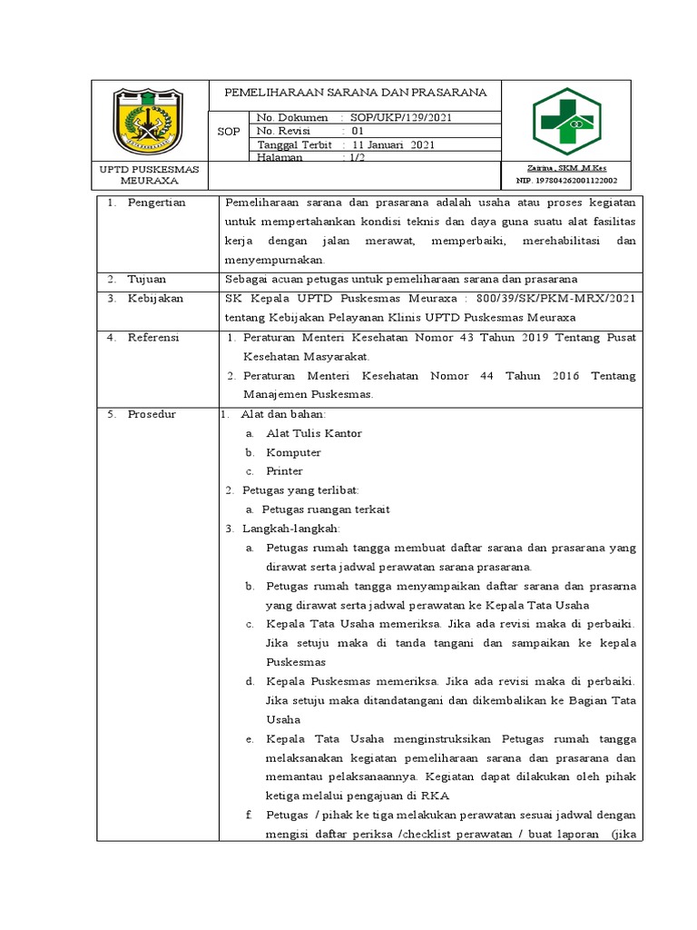 SOP Pemeliharaan Sarana Dan Prasarana | PDF