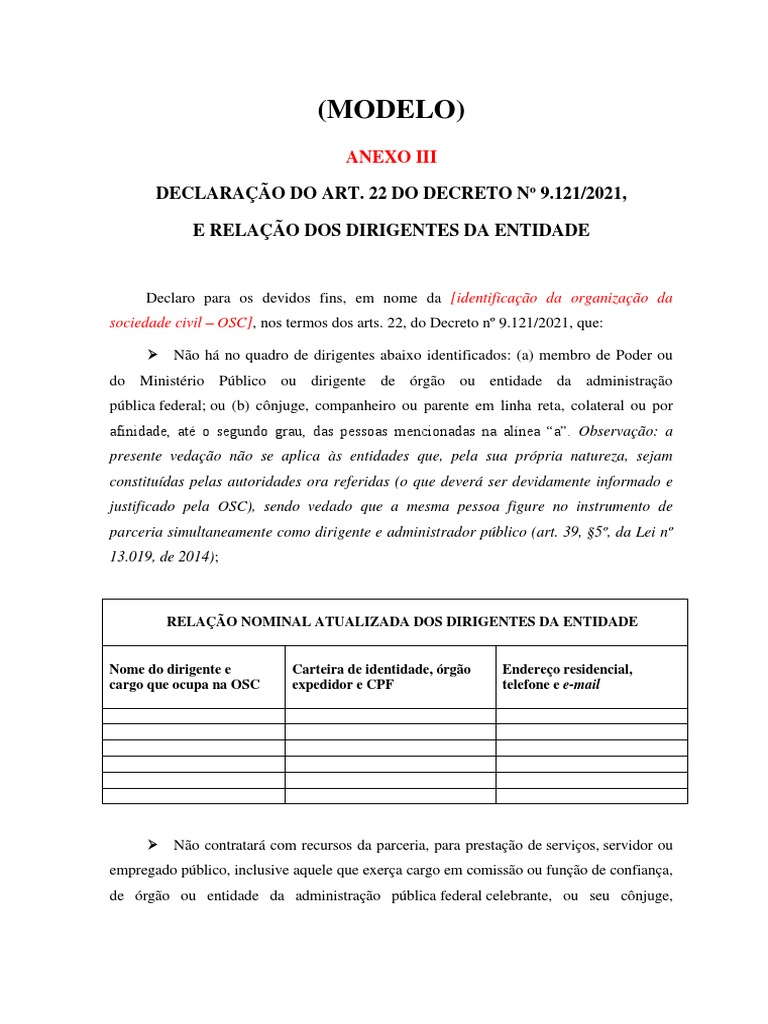 ANEXO III Declaracao Com Relacao Dos Dirigentes Da Entidade | PDF ... ANEXO III Declaracao Com Relacao Dos Dirigentes Da Entidade | PDF ...