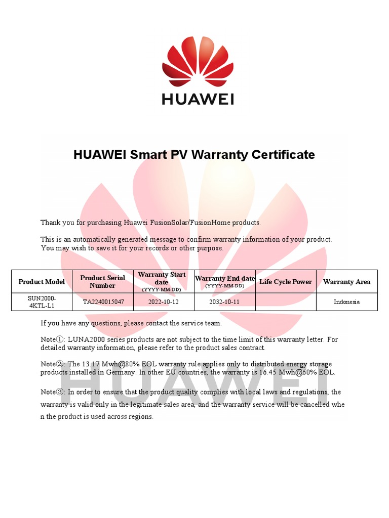 Huawei PV Inverter Warranty Certificat1689162064496-Halte Ragunan | PDF ...
