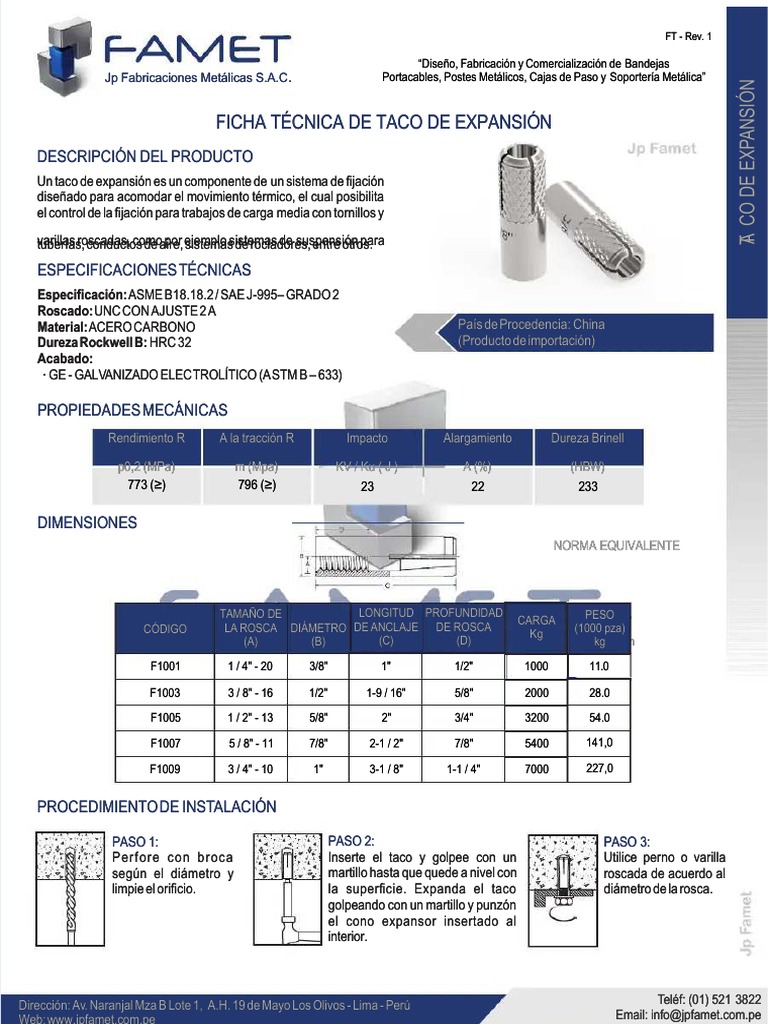 FT - Tacos de Expansion - Famet | PDF | Tornillo | Metalurgia