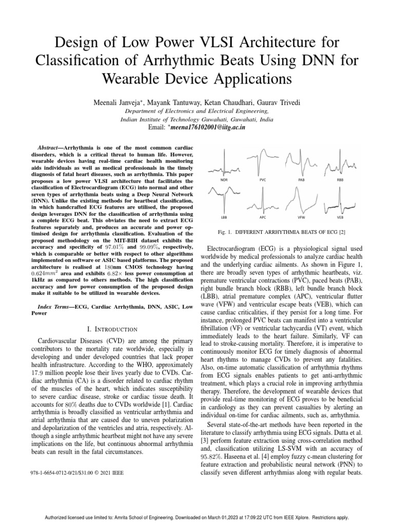Design Of Low Power Vlsi Architecture For Classification Of Arrhythmic Beats Using Dnn For