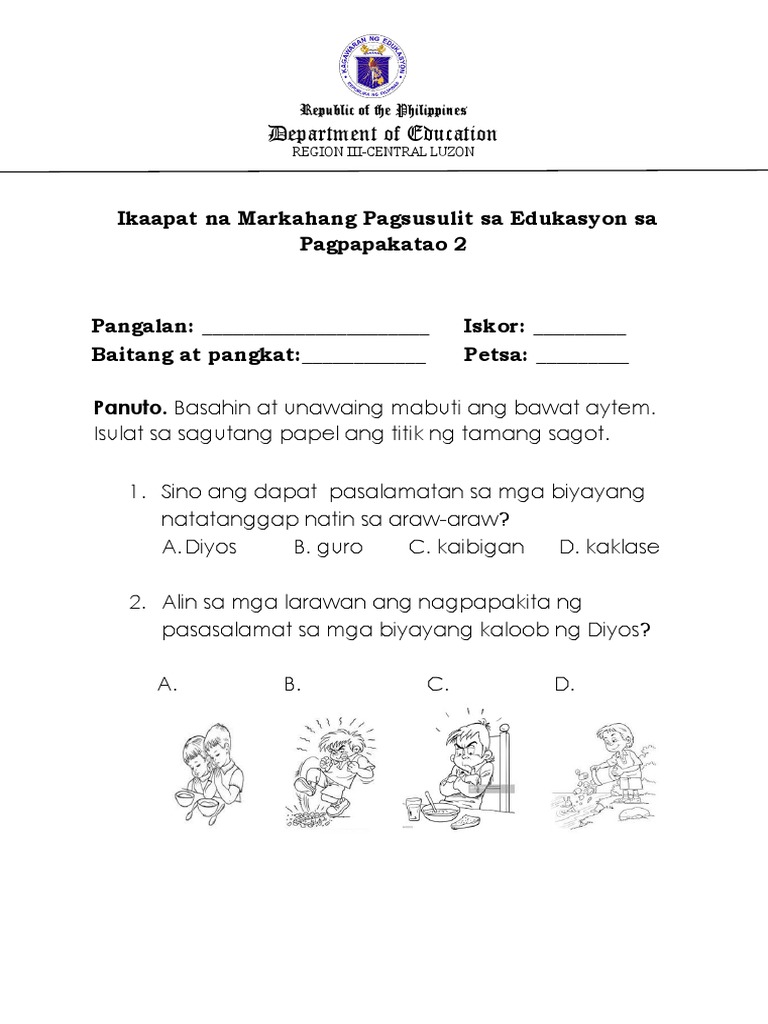 Ikaapat Na Markahang Pagsusulit Sa EsP 2-RFQA | PDF