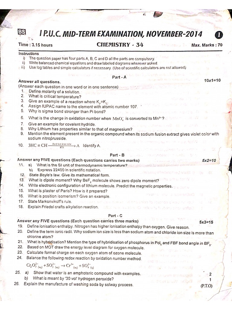 1st Pu Mid Term Question Paper | PDF