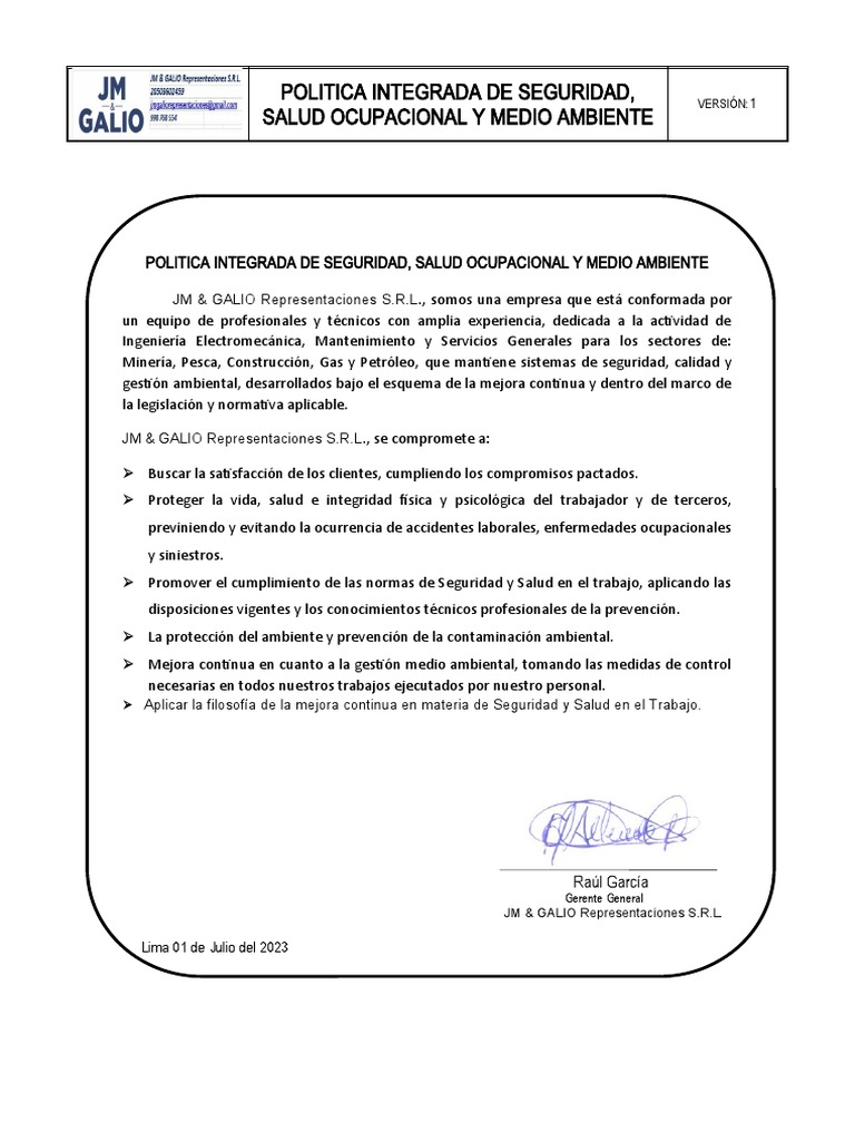 Política Integrada de Seguridad, Salud Ocupacional y Medio Ambiente | PDF | Negocios | Salud y ...
