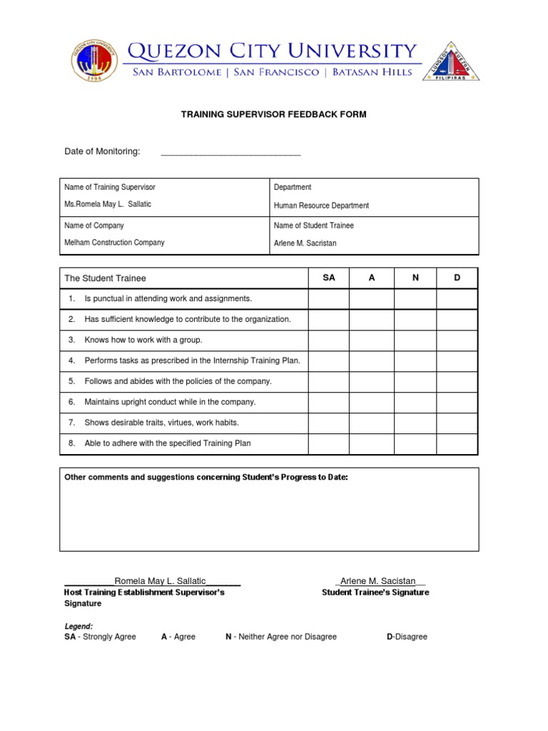 Training Supervisor Feedback Form Pdf