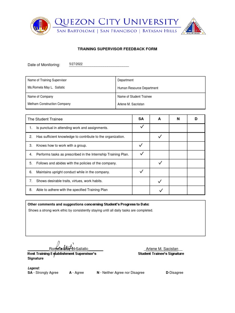 Training Supervisor Feedback Form | PDF | Career & Growth