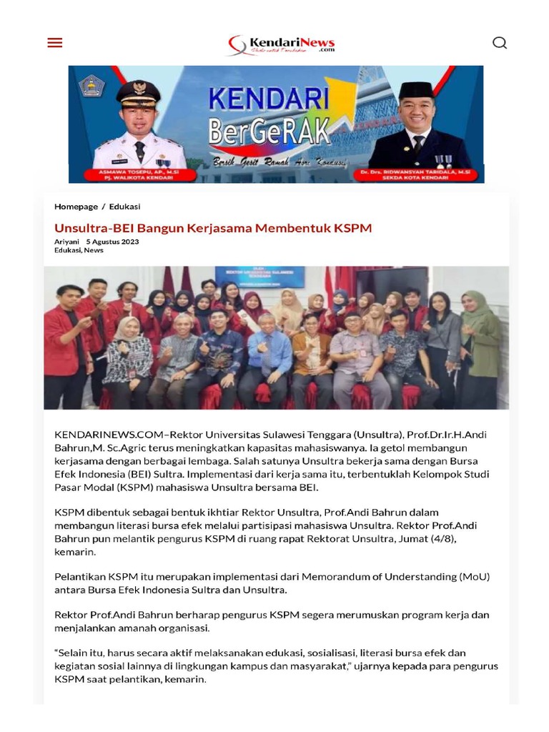 Unsultra-BEI Bangun Kerjasama Membentuk KSPM - Kendari News | PDF