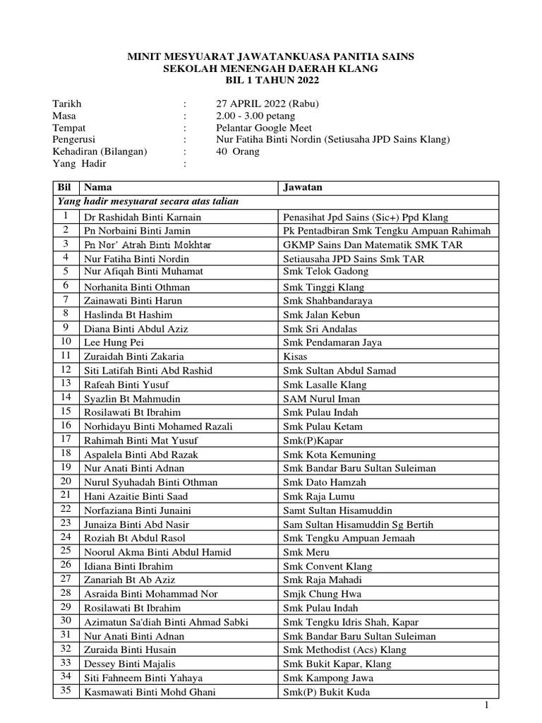 Mesyuarat JPD Sains Bil 1 | PDF