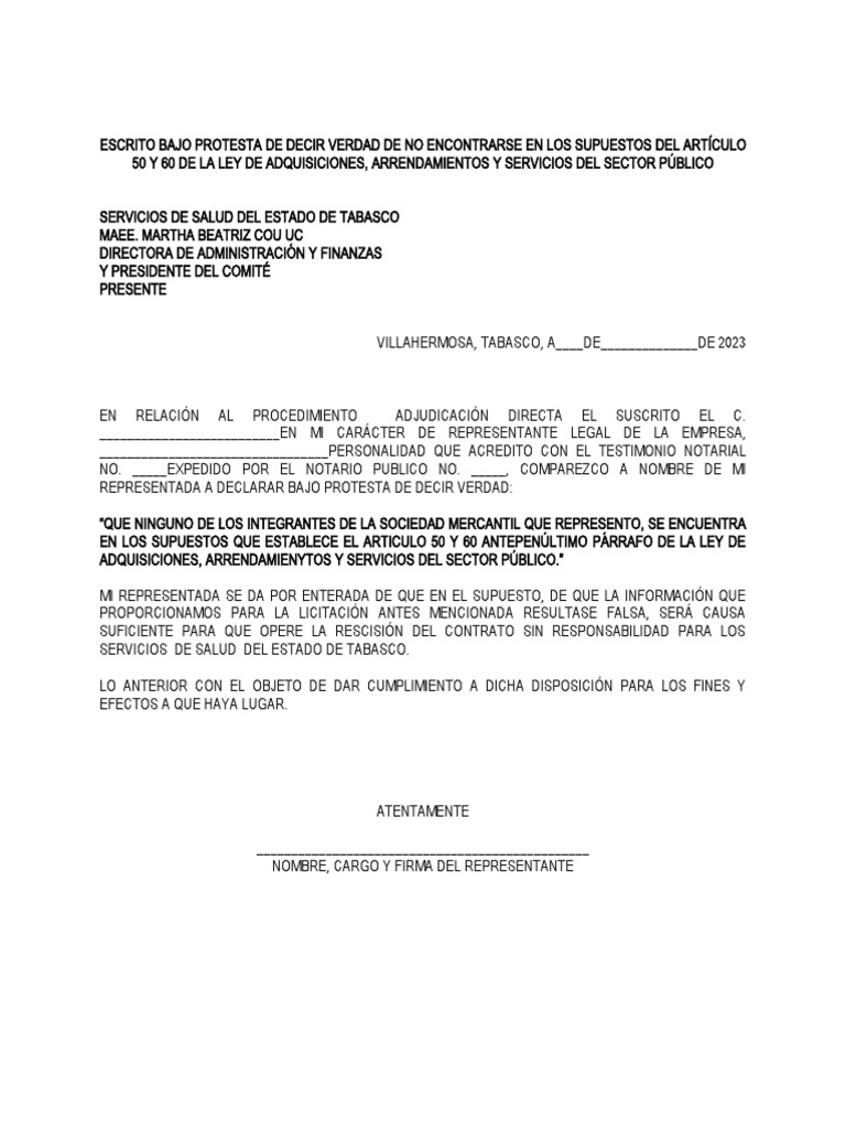 Escrito Bajo Protesta Decir Verdad de No Encontrarse Los Supuestos Del ...