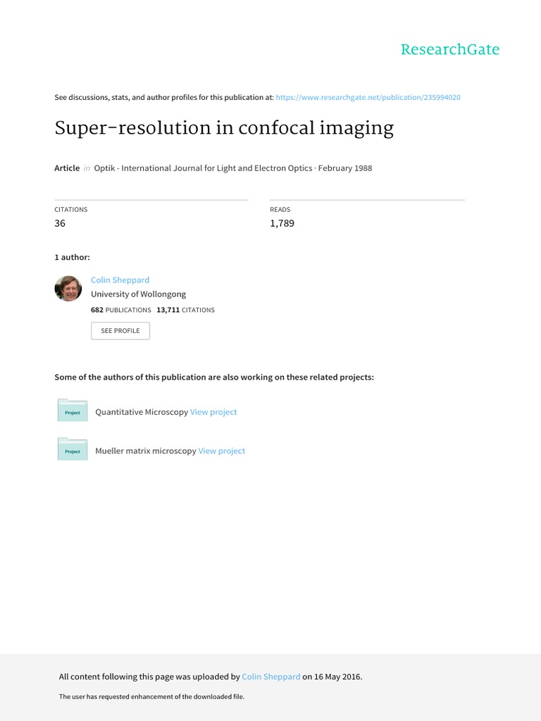 Super-Resolution in Confocal Imaging Sheppard 1988 Optik | PDF ...