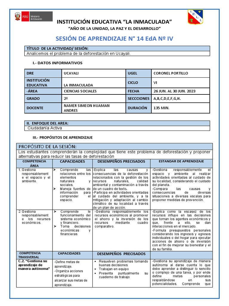 Sesion de Aprendizaje #14 | Descargar gratis PDF | Aprendizaje | Deforestación