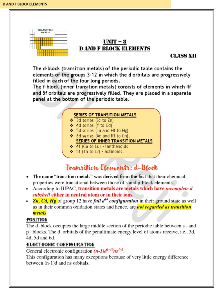 D and F Block Elements Overview | PDF | Transition Metals | Periodic Table