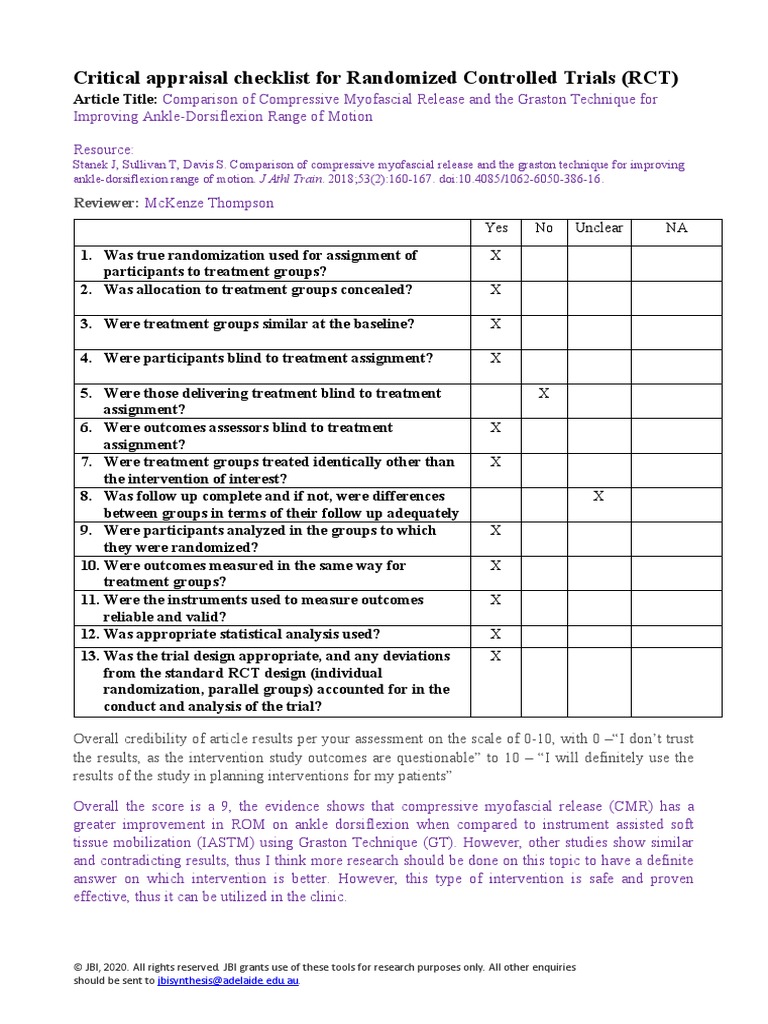 Critical Apprasisal of RCT Thompson 1 | PDF | Randomized Controlled ...