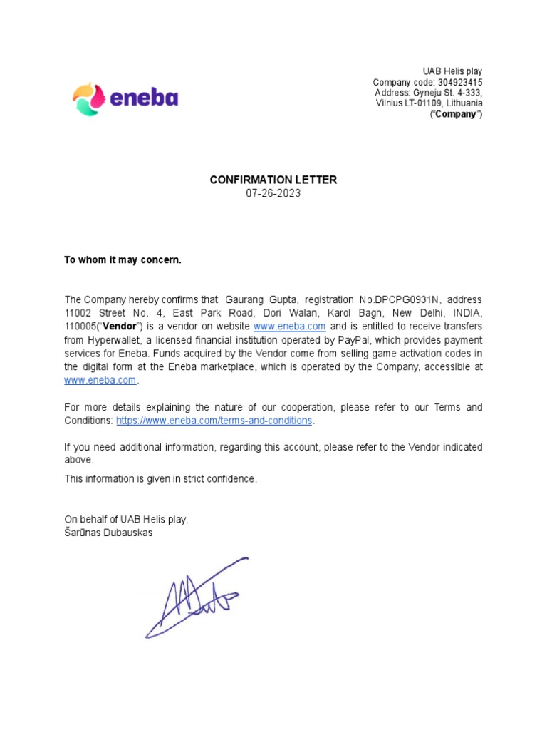 Hyperwallet Confirmation Letter | PDF