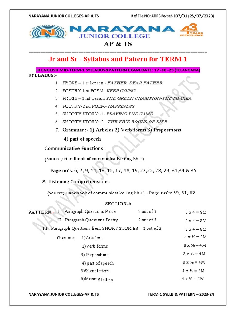 JR&SR English Term-1 Syllabus&pattern-Ap&ts | PDF | Part Of Speech | Poetry