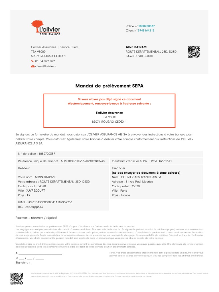 Mandat de Prélèvement SEPA | PDF