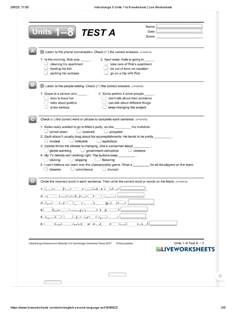 Interchange 3 Units 1 To 8 Worksheet - Live Worksheets | PDF