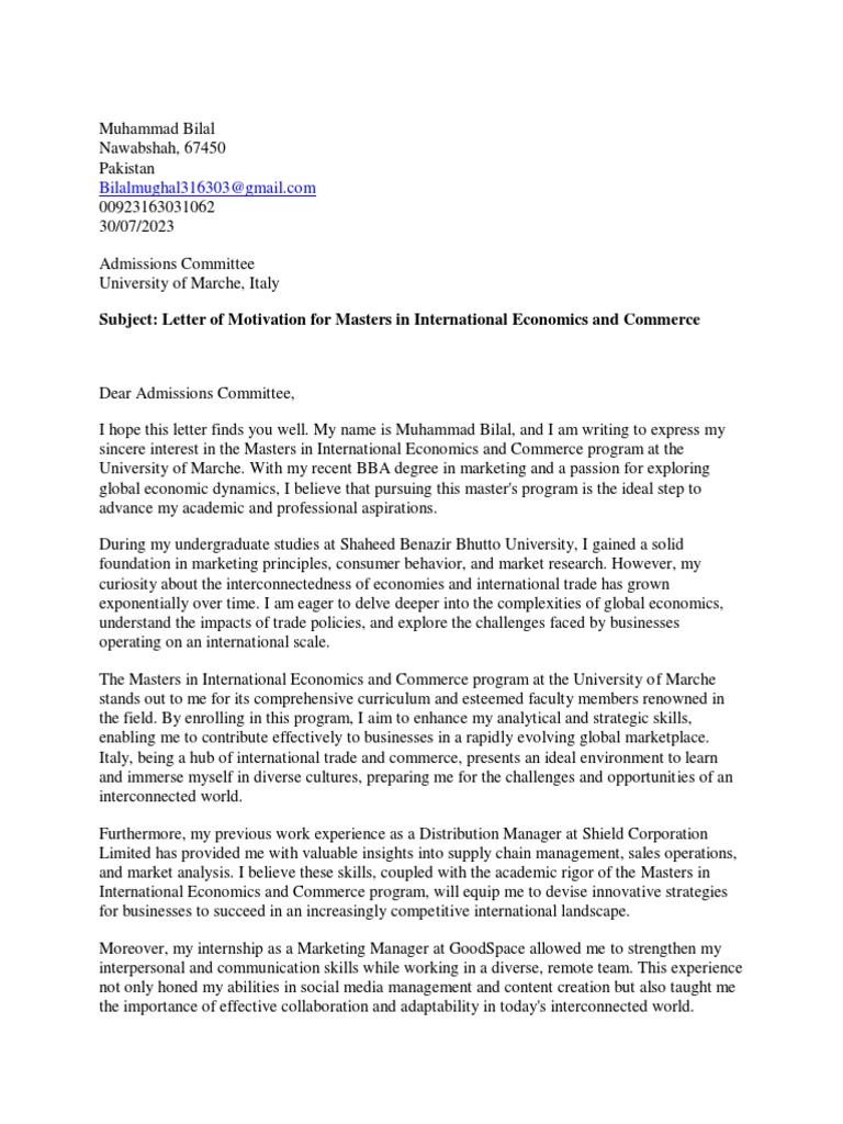 Subject: Letter of Motivation For Masters in International Economics ...