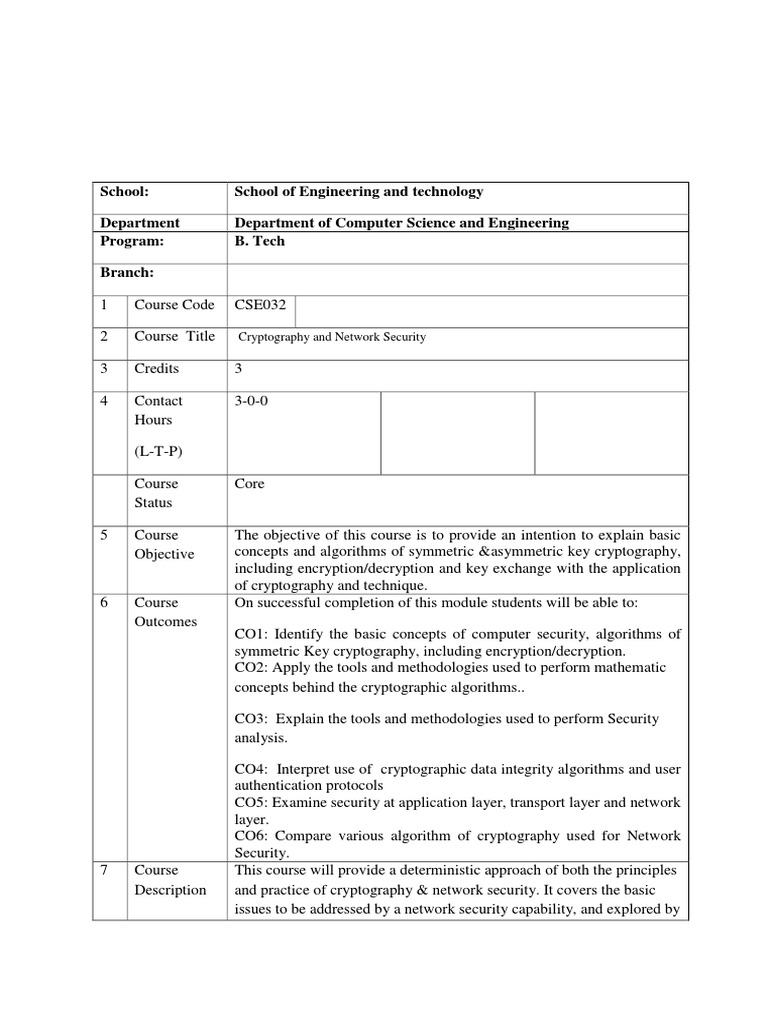 CSE 032 Syllabus | PDF | Cryptography | Encryption