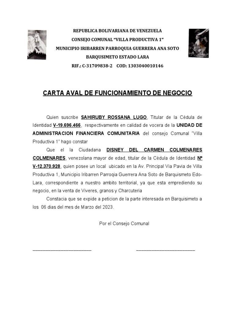 Carta Aval de Funcionamiento Villa Productiva | PDF
