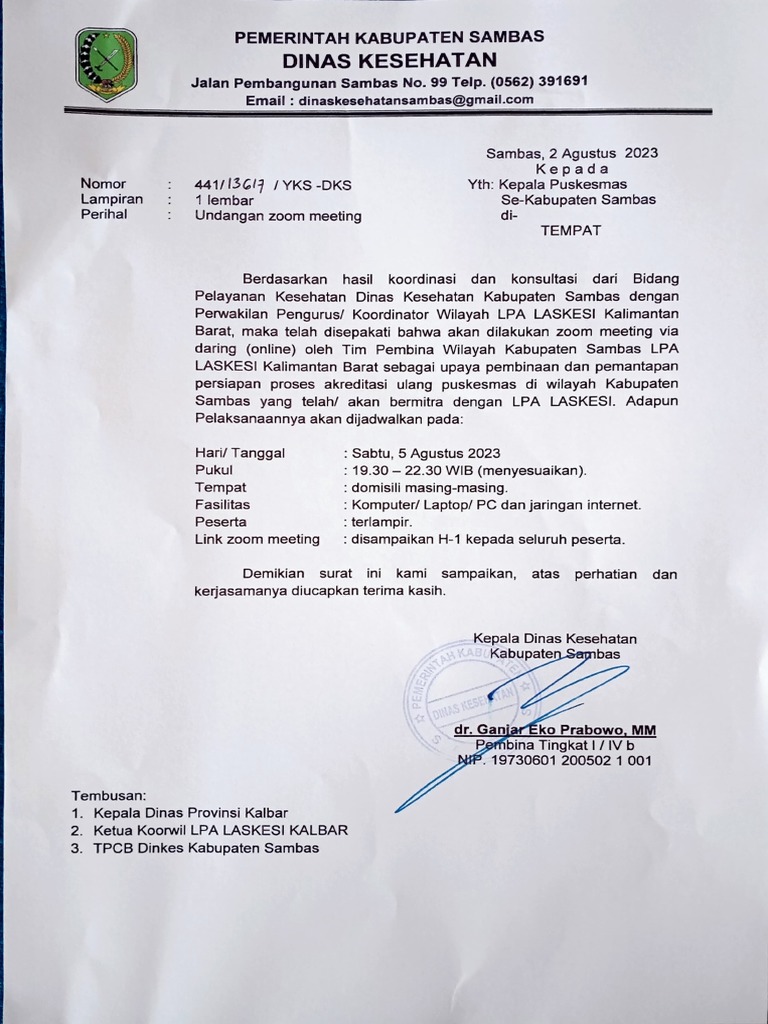 Undangan Zoom Meeting Dinas Kesehatan | PDF
