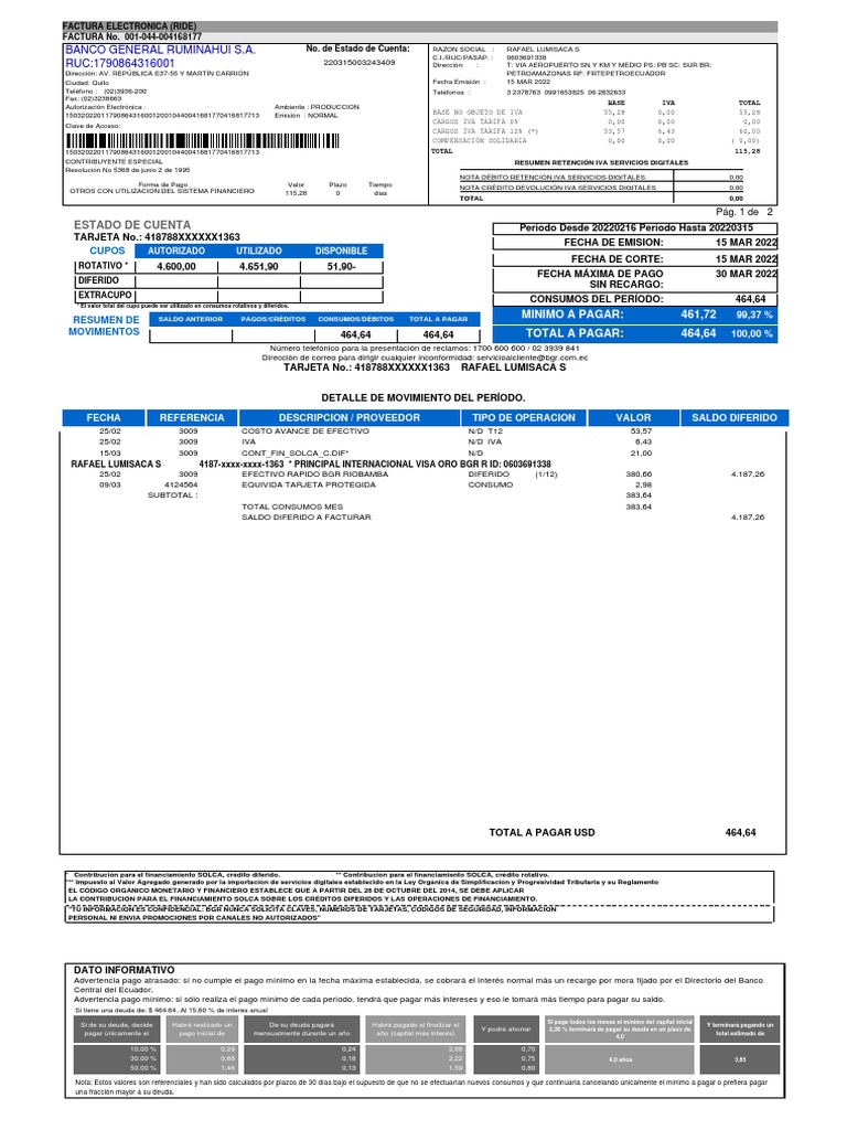 Estado de Cuenta: RUC:1790864316001 Banco General Rumiñahui S.A | PDF