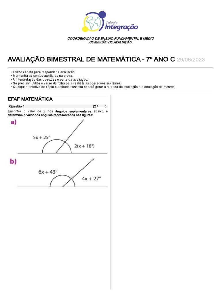 Av Bim 7c | Pdf | Triângulo | Matemática Elementar