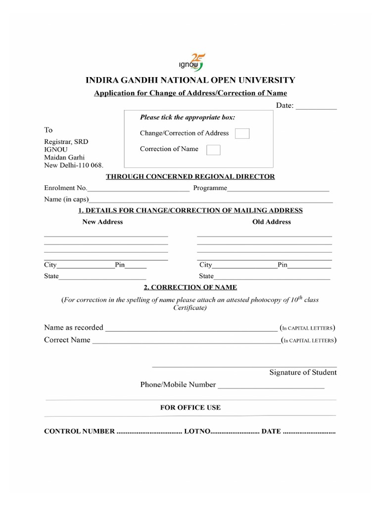 IGNOU Address Change Name Correction Application Form | PDF