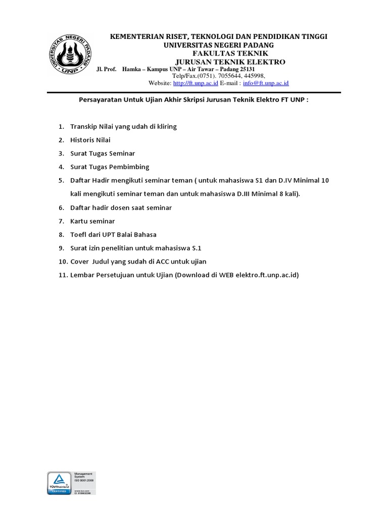 Persayaratan Untuk Ujian Akhir Skripsi Jurusan Teknik Elektro FT UNP | PDF
