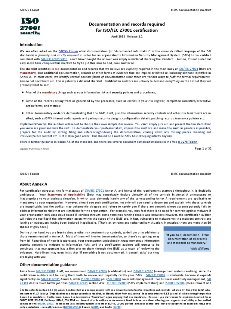ISO27k ISMS Mandatory Documentation Checklist Release 1v1 | PDF