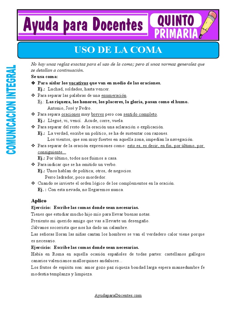 Uso de La Coma para Quinto de Primaria | PDF | Poesía