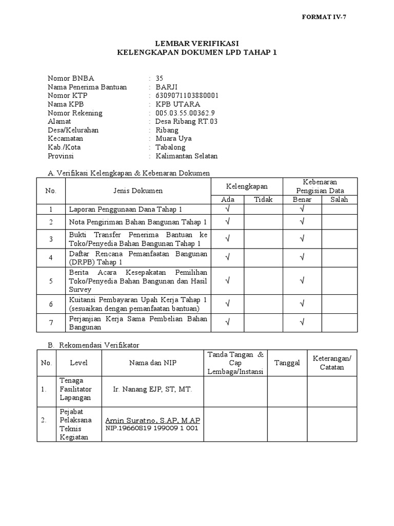 Format IV-7 (LEMBAR VERIFIKASI LPD 1) | PDF