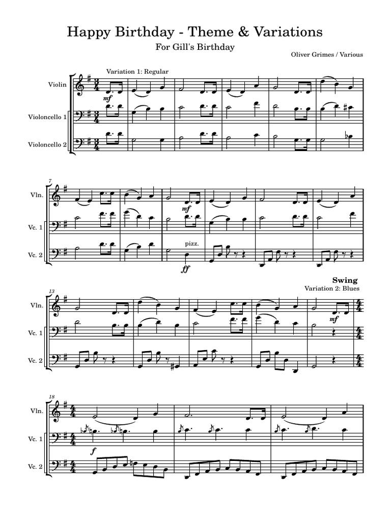 Happy Birthday Variations for Strings | PDF | Notation | Musical ...