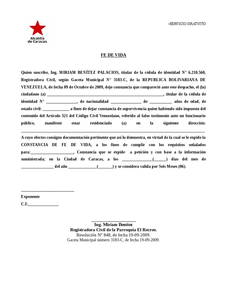 Constancia de Fe de Vida en Caracas | PDF