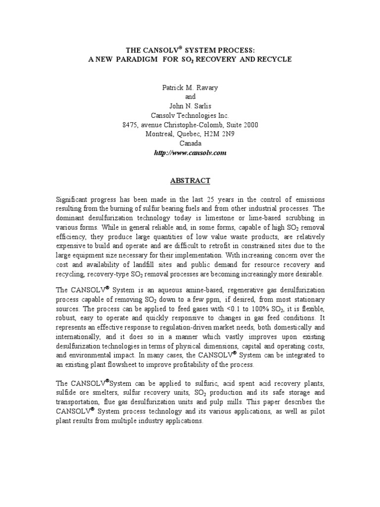 The Cansolv System Process | PDF | Sulfur Dioxide | Incineration