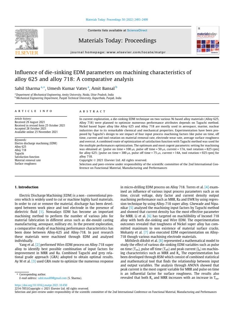 Influence of Die-Sinking EDM Parameters On Machining Characteristics of Alloy 625 and Alloy 718 ...