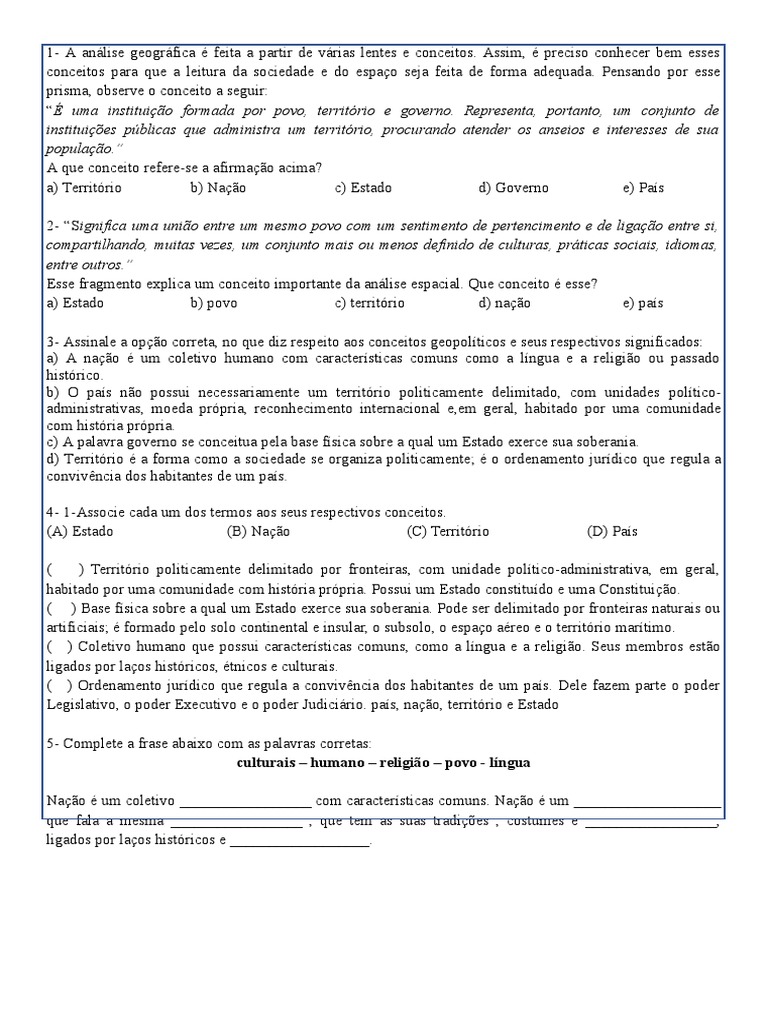 Ativ Conceitos Territ | PDF | Estado | Nação
