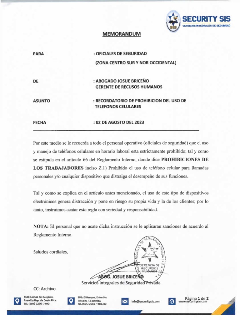 Circular Prohibicion Uso de Telefonos Celulares P. Operativo | PDF