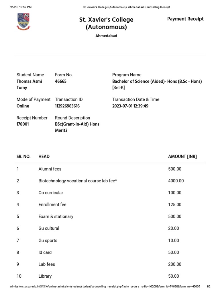 St. Xavier's College (Autonomous), Ahmedabad Counselling Receipt | PDF