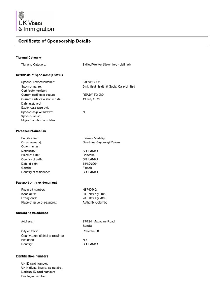 Draft CoS Dinethma | PDF | Identity Document | Migrant Worker
