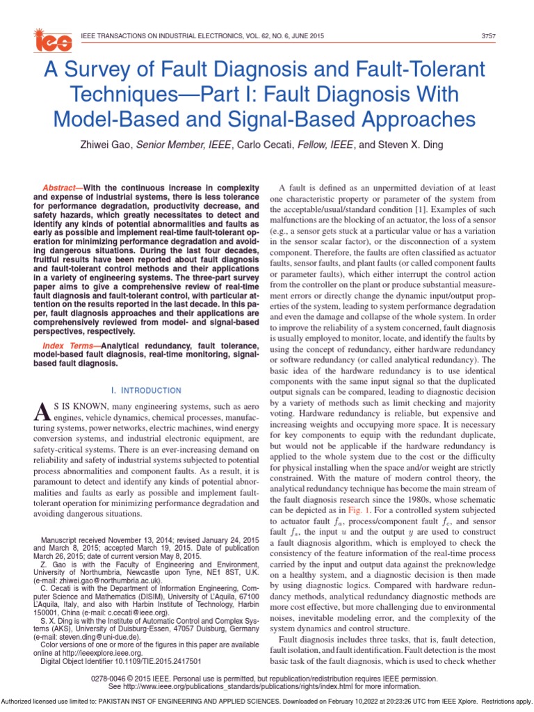 A Survey Of Fault Diagnosis And Fault Tolerant Techniquespart I Fault Diagnosis With Model Based
