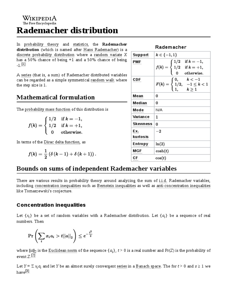 Rademacher Distribution | PDF | Probability Distribution | Statistical Theory
