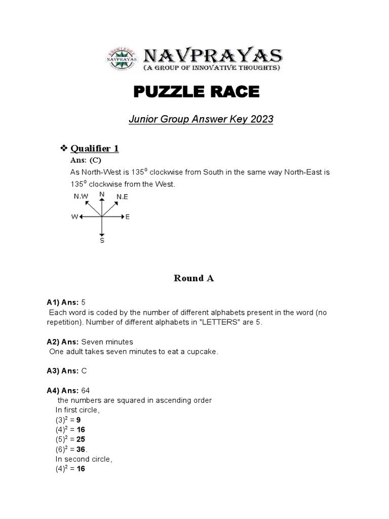 Junior Final Answer Key Puzzle Race 2023 | PDF | Chess
