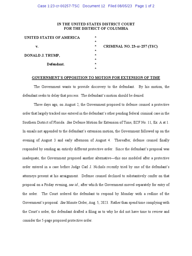 DOJ Opposition To Trump Motion For Extension | PDF | Discovery (Law ...