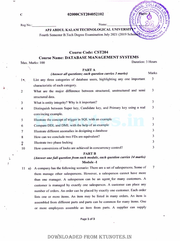 KTU CST204 DBMS Exam Paper July 2021 | PDF | Vocational Education | Qualifications