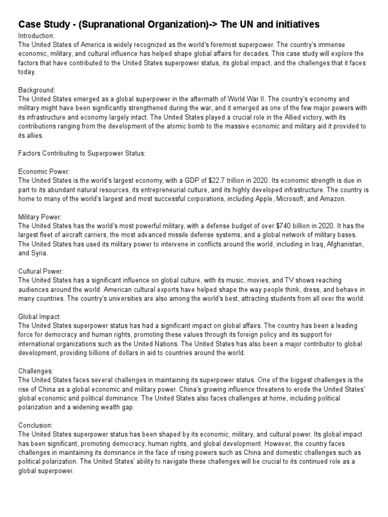 Case Study - (Supranational Organization) - The UN and Initiatives ...