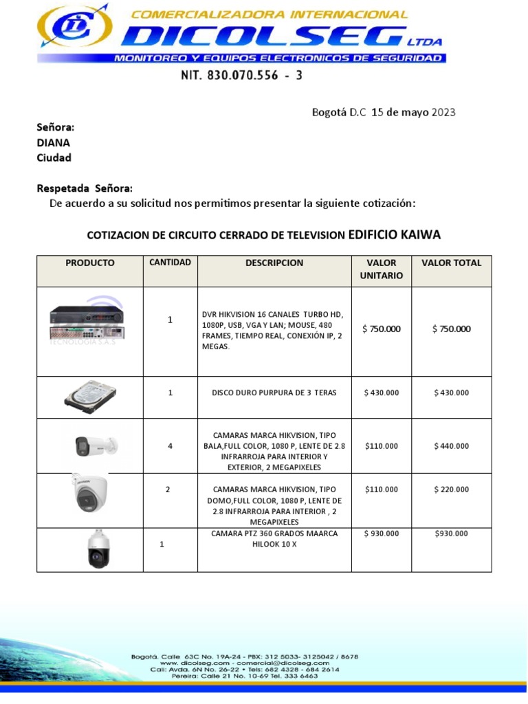 Cotizacion CCTV Sra Diana | Descargar gratis PDF | Circuito cerrado de televisión | Multimedia